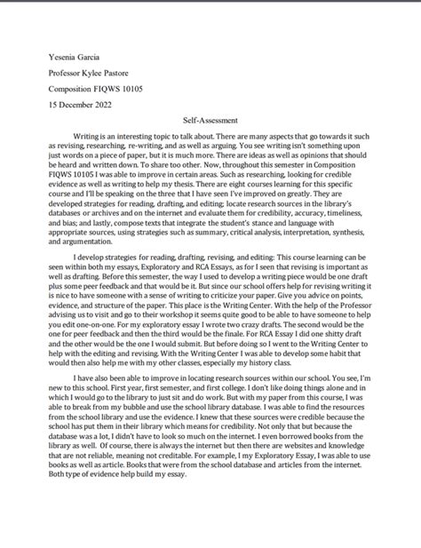 Self Assessment My Digital Portfolio Yesenia Garcia