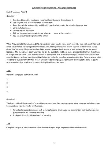 aqa gcse english language revision pack teaching resources