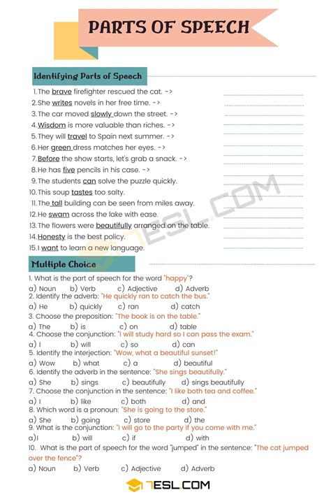 Parts Of Speech Worksheet Parts Of Speech Exercises • 7esl