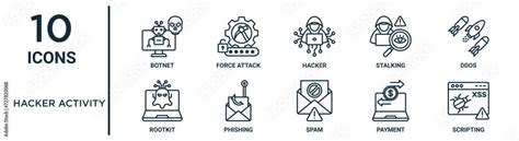 Hacker Activity Outline Icon Set Such As Thin Line Botnet Hacker Ddos Phishing Payment