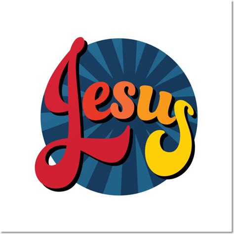 A Clipart Image Featuring The Word Jesus In Colorful Cursive Script Against A Blue Radial