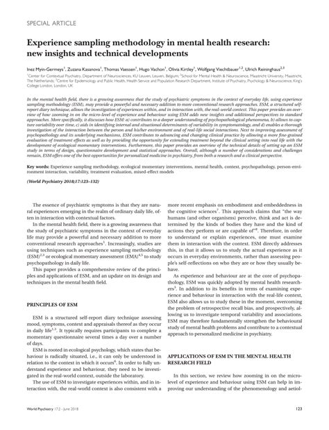 Pdf Experience Sampling Methodology In Mental Health Research New