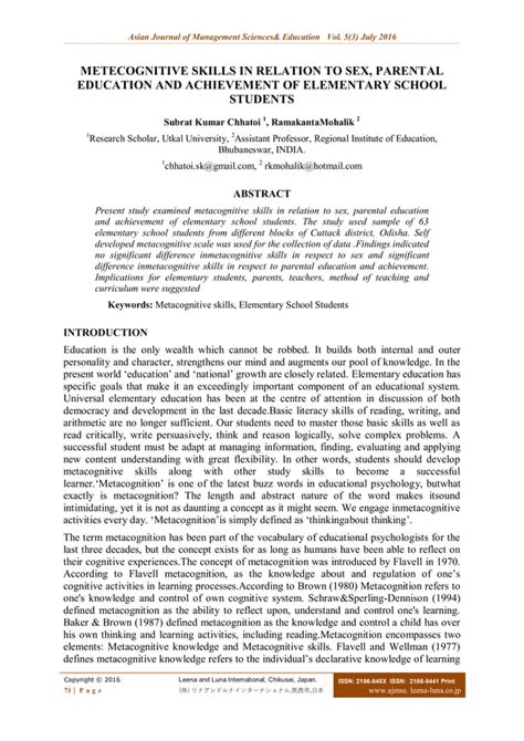 Meta Cognitive Skills In Relation To Sex Parental Education And Achievement Of Elementary
