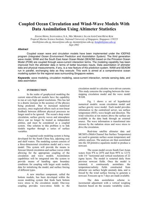 Pdf Coupled Ocean Circulation And Wind Wave Models With Data Assimilation Using Altimeter