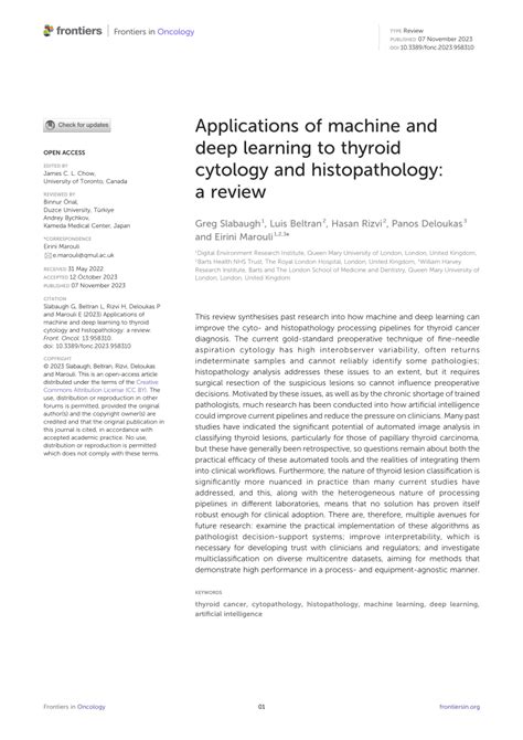 PDF Applications Of Machine And Deep Learning To Thyroid Cytology And Histopathology A Review