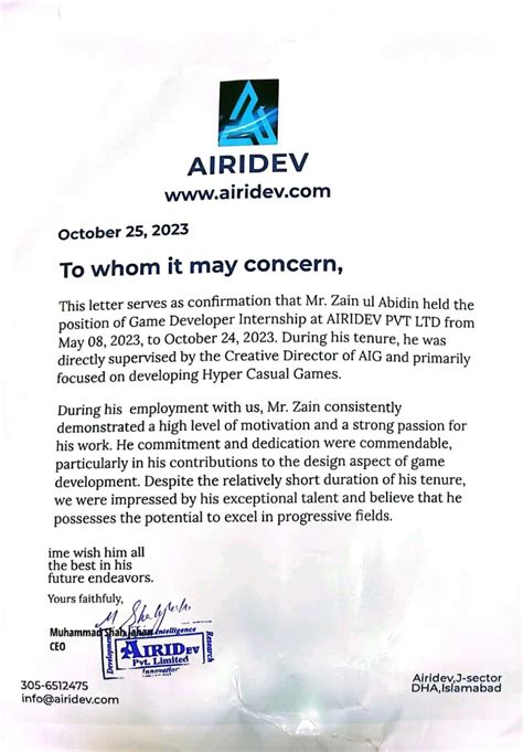 Zain Sarang On Linkedin 3dartist Gamedesigner Unity3d Internshipdone Airidev Gratitude