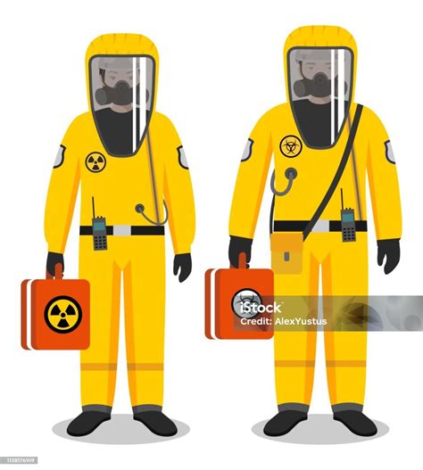 화학 산업 개념입니다 노동자의 부부는 평면 스타일의 흰색 배경에 함께 서 노란 보호 복에 남자와 여자 위험한 직업 벡터 일러스트입니다 가연성에 대한 스톡 벡터 아트 및 기타
