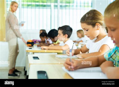 Diligent Tween Girl Studying With Classmates In Elementary Babe Stock Photo Alamy