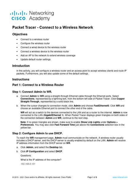Packet Tracer Connect To A Wireless Network Pdf Ip Address Router Computing