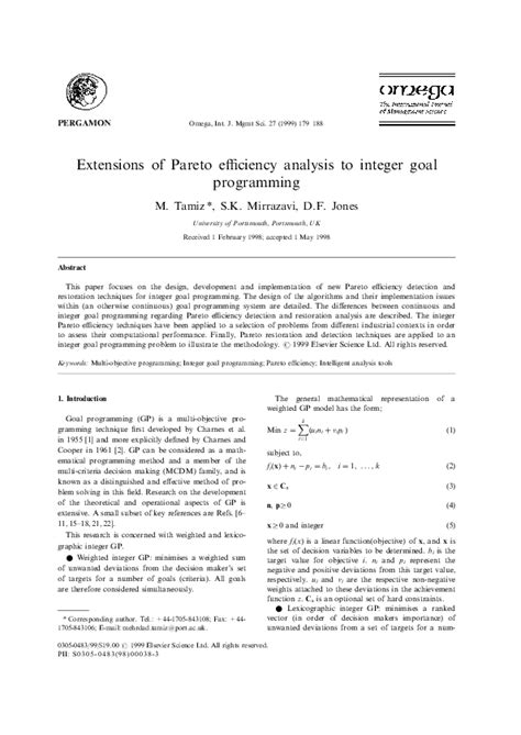 extensions of pareto efficiency analysis to integer goal programming