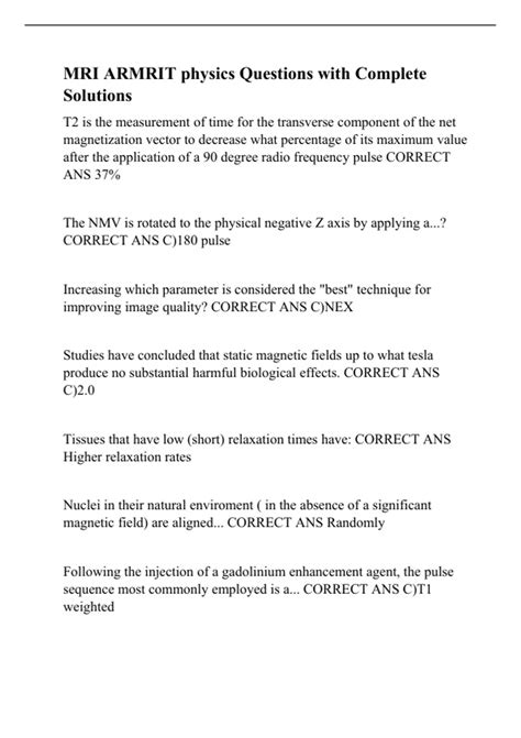 Mri Armrit Physics Questions With Complete Solutions Armrit Stuvia Us