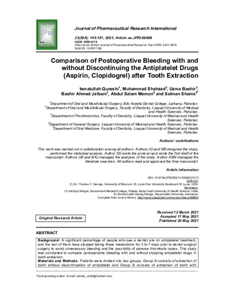 Pdf Comparison Of Postoperative Bleeding With And Without Discontinuing The Antiplatelet Drugs
