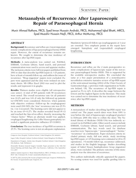 Pdf Metaanalysis Of Recurrence After Laparoscopic Repair Of