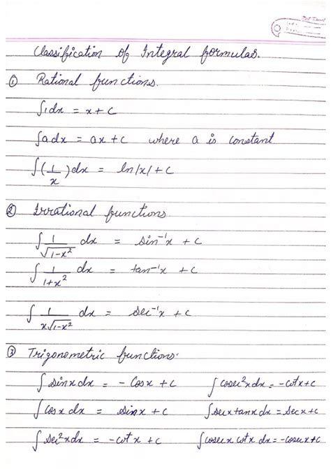 Summary Algebra Integrals Integration Notes And Formulas Math 120