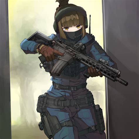 Safebooru 1girl Absurdres Assault Rifle Bangs Blue Jacket Blue Pants