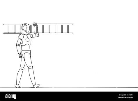 Single Continuous Line Drawing Robot Repairman Walking With Ladder