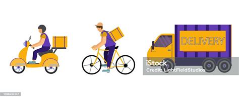 흰색에 배달 문자와 트럭 근처 자전거와 스쿠터를 타고 배달 남자와 벡터 아이콘 가방에 대한 스톡 벡터 아트 및 기타 이미지 가방 남자 다중 색상 Istock