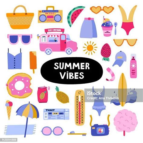 여름 휴가 열대 해변 더운 날씨 여름 휴식에 대한 큰 트렌디 한 세트 손으로 그린 벡터 휴가는 플랫 스타일로 설정됩니다 고립 된 낙서와 클립 아트 계절 음료 엔터테인먼트