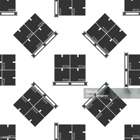 팔레트 아이콘에 골 판지 상자 흰색 바탕에 고립 된 완벽 한 패턴입니다 깨지기 쉬운 표지판이 있는 닫힌 판지 납품 포장 상자 평면 디자인입니다 벡터 일러스트 나무 기둥에