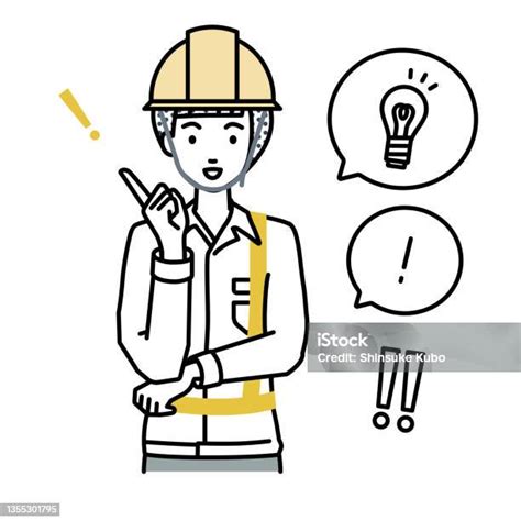 포인팅 핸드 제스처 전구와 느낌표 기호 세트와 함께 서 좋은 아이디어를 받고 건설 현장에서 일하는 여자 가리키기에 대한 스톡 벡터 아트 및 기타 이미지 Istock