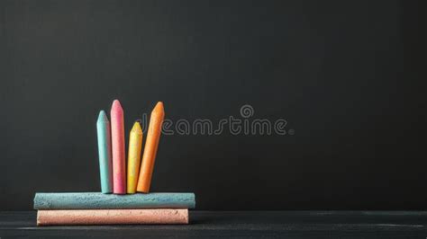 Colorful Chalk On A Chalkboard Ledge Close Up Focus On Copy Space Bright And Creative Double