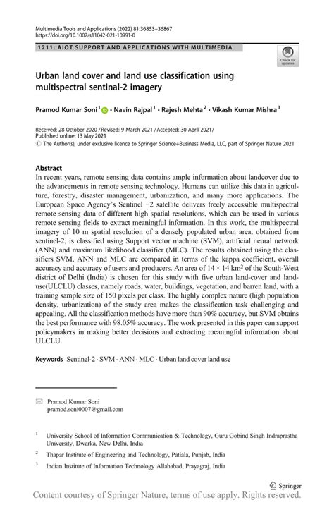 Urban Land Cover And Land Use Classification Using Multispectral Sentinal 2 Imagery Request Pdf