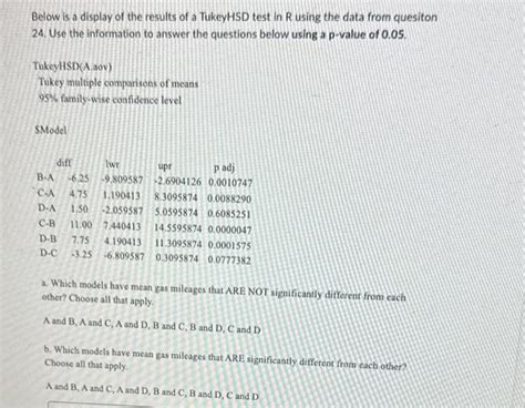 Solved Below Is A Display Of The Results Of A TukeyHSD Test Chegg