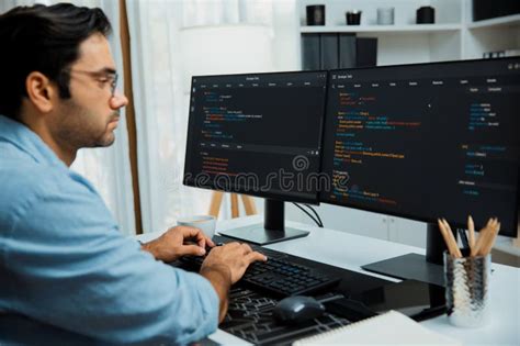 Developer Working Software Development Coding Two Computer Code Screen