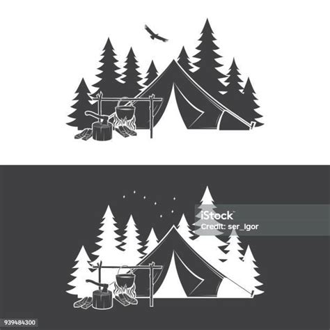 여름 캠프에 낮과 밤입니다 벡터 일러스트입니다 셔츠 또는 아이콘 인쇄 스탬프 또는 티에 대 한 개념 0명에 대한 스톡 벡터 아트 및 기타 이미지 Istock