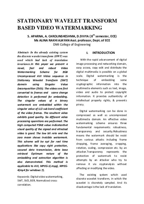 pdf stationary wavelet transform based video watermarking