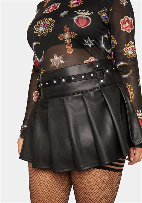 Plus Size Horoscopez Vegan Leather Pleated Rhinestone Mini Skirt