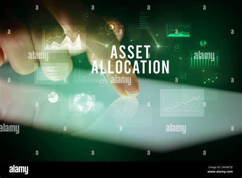 finger touching tablet with charts and asset allocation inscription