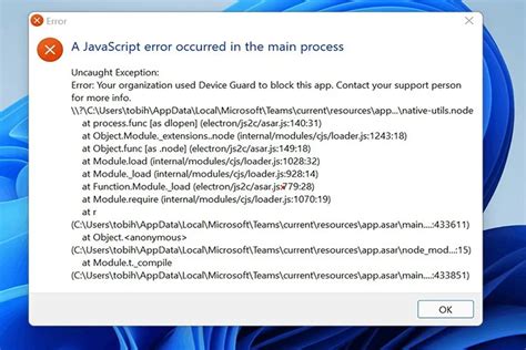 “a javascript error occurred in the main process” là lỗi gì