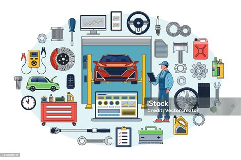 자동차 수리 자동차 서비스 개념 자동차 정비사가 서비스 센터에서 리프트에 있는 자동차를 진단합니다 자동차 수리 확인 튜닝 유지