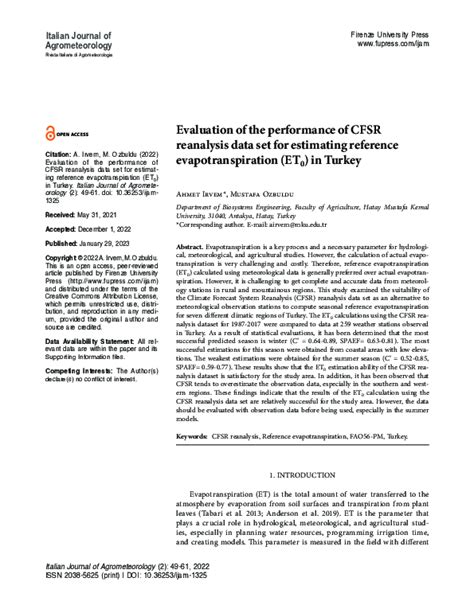 Pdf Evaluation Of The Performance Of Cfsr Reanalysis Data Set For Estimating Reference