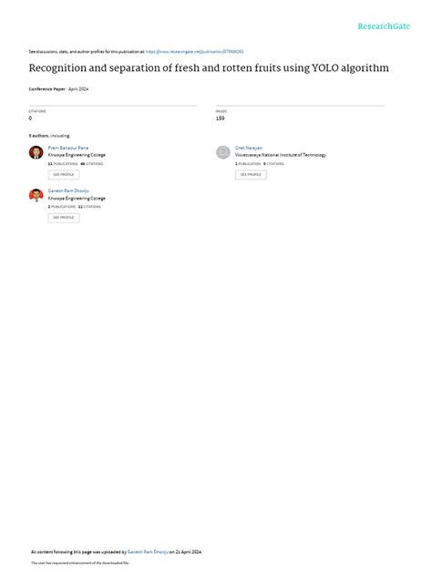 Recognition And Separation Of Fresh And Rotten Fruits Using Yolo Algorithm Pdf Machine