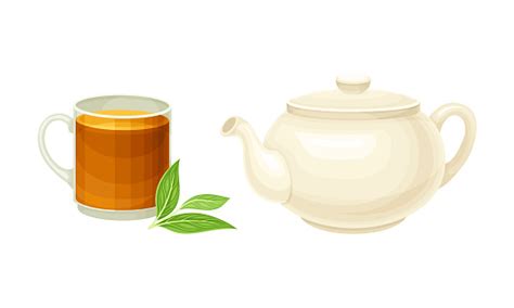 유리 차 머그잔과 양조 벡터 세트를위한 뜨거운 향기로운 음료가있는 세라믹 주전자 개념에 대한 스톡 벡터 아트 및 기타 이미지 개념 그릇 도예 Istock