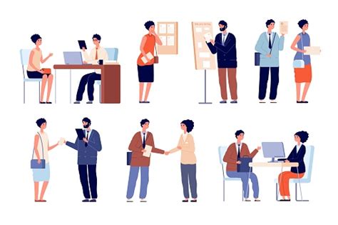 Hr 고용주 인터뷰 비즈니스 팀과 사무직 근로자 이력서 신청 및 모집 서비스를 가진 구직자 변호사 상담 벡터 세트 비즈니스에