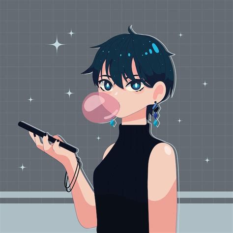 Premium Vector Anime Girl With Bubble Gum And Mobile
