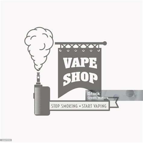 Vape가 게 배지 로고 또는 상징 디자인 개념 Vaping 상자 모드 및 증기 구름 벡터 일러스트 레이 션 흰색 배경에 고립 Vape 상점 광고를 위해 사용할 수 있는
