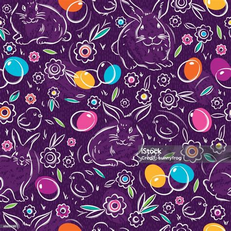 원활한 보라색 패턴 색 부활절 달걀 토끼 꽃과 병아리 벡터 일러스트 레이 션 0명에 대한 스톡 벡터 아트 및 기타 이미지 0