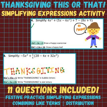 Thanksgiving Simplifying Expressions Activity Distribute Combine Math Algebra