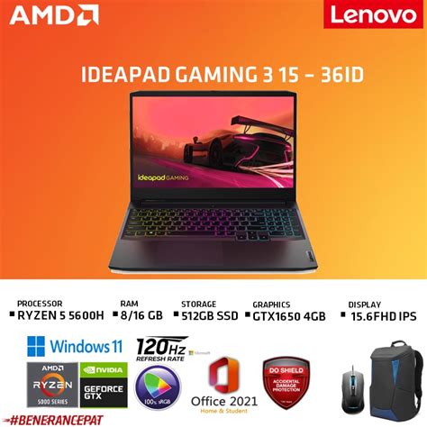 Jual LENOVO IDEAPAD GAMING 3 15 RYZEN 5 5600 8GB 16GB 512SSD GTX1650 W11 OHS 15 6FHD IPS 120HZ