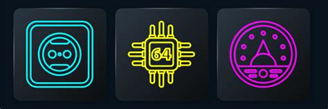 마이크로 회로 Cpu와 라인 전기 콘센트 암페어 미터 멀티 미터 볼트미터 및 프로세서를 설정합니다 검은 색 사각형 버튼 벡터 0명에 대한 스톡 벡터 아트 및 기타 이미지