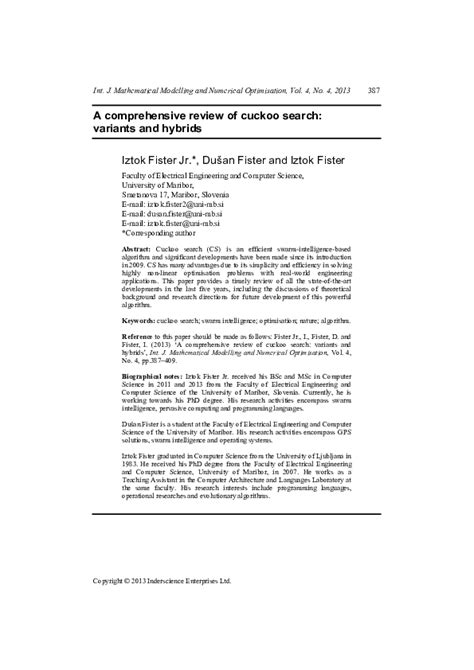 pdf a comprehensive review of cuckoo search variants and hybrids