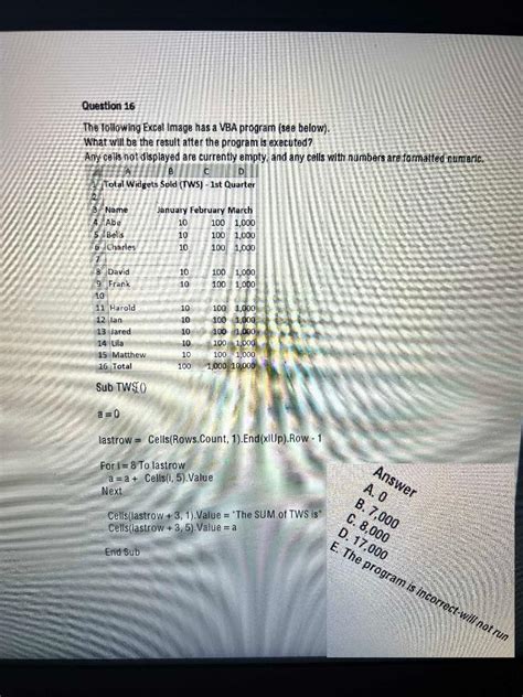 Solved Question 16 The Following Excel Image Has A Vba