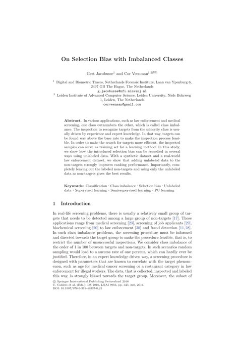 Pdf On Selection Bias With Imbalanced Classes