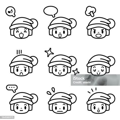 흑백9가지 표정으로 산타 모자를 쓰고 귀여운 소녀의 크리스마스 아이콘 세트 감정 시리즈에 대한 스톡 벡터 아트 및 기타 이미지 감정 시리즈 걱정하는 공유 개념