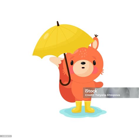 우산이있는 귀여운 다람쥐 만화 스타일의 벡터 일러스트레이션 카드 포스터 배너 팩에 인쇄 옷 직물 벽지에 인쇄 0명에 대한 스톡