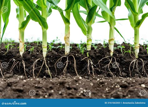 Side View Of Corn Plant In Soil Emphasizing Roots And Maize Growth